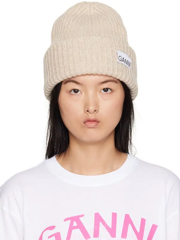 Sand Ganni Wool Knit Hat Ganni Beige Ribbed Beanie In 196